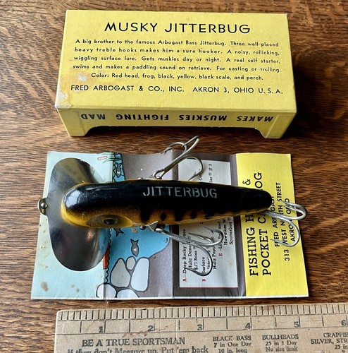 Rare Wood Arbogast Musky Jitterbug In Chartreuse Coachdog & Correct Box ...