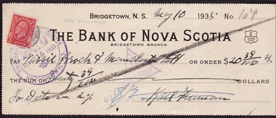 Bank of Nova Scotia 1935 Cancelled Cheque with Duty Stamp | eBay Australia