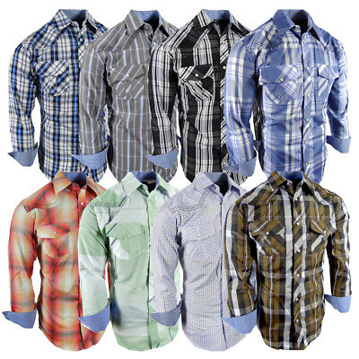 Mens Plaid Western Shirt Triple Stitch Rodeo Country Pearl Snap Up ...