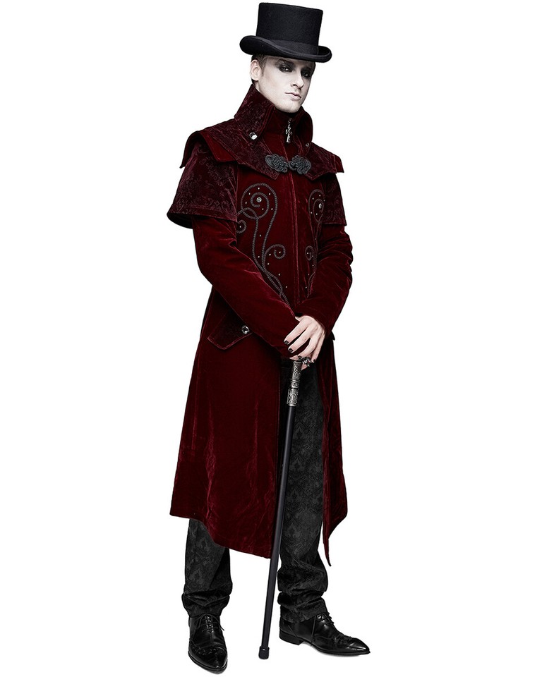 Devil Fashion Mens Long Gothic Coat Jacket Red Velvet Damask Steampunk ...
