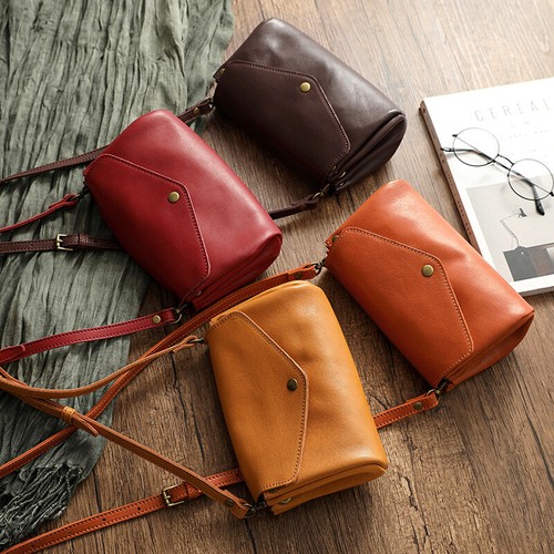 Women Genuine Mini Grain Cowhide Leather Cross Body Wallet Handmade ...