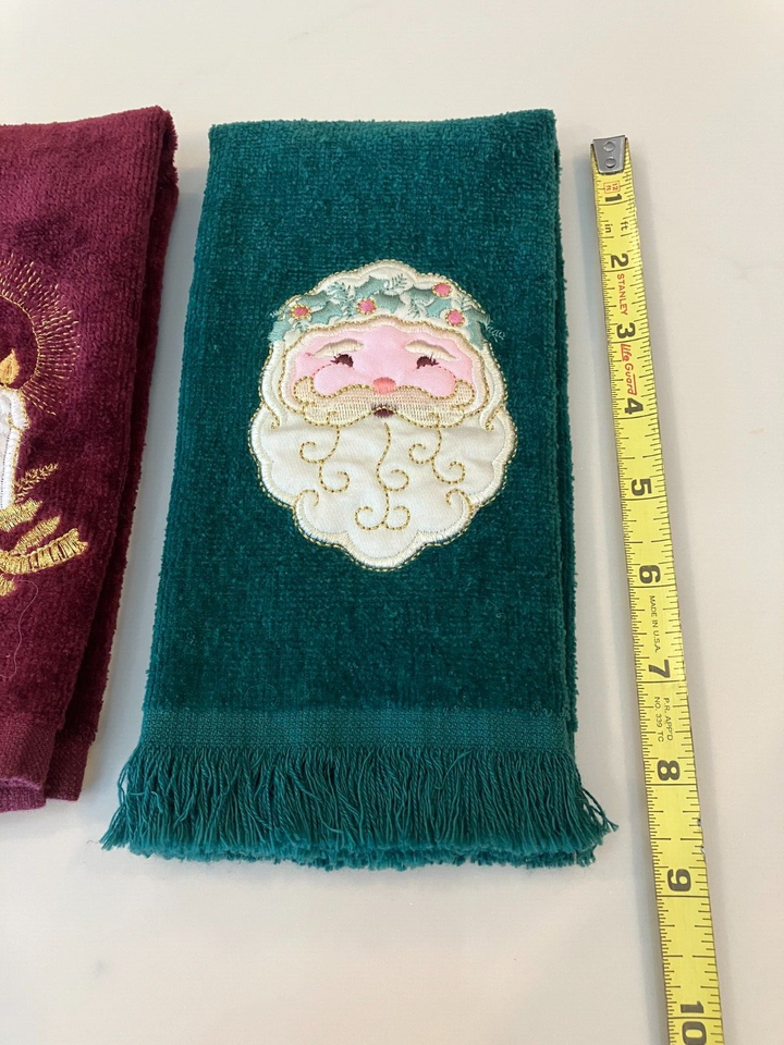 Green Burgundy Christmas Embroidered Tea Towels Candles Santa Sleigh ...
