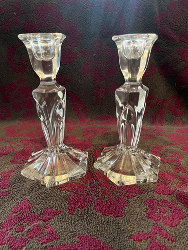 VINTAGE HEAVY GLASS CANDLESTICKS CUT GLASS DESIGN SIX SIDED BASE 7 1/8 ...