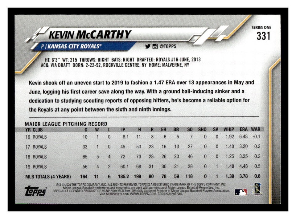 2020 Topps #331 Kevin McCarthy - Kansas City Royals | eBay
