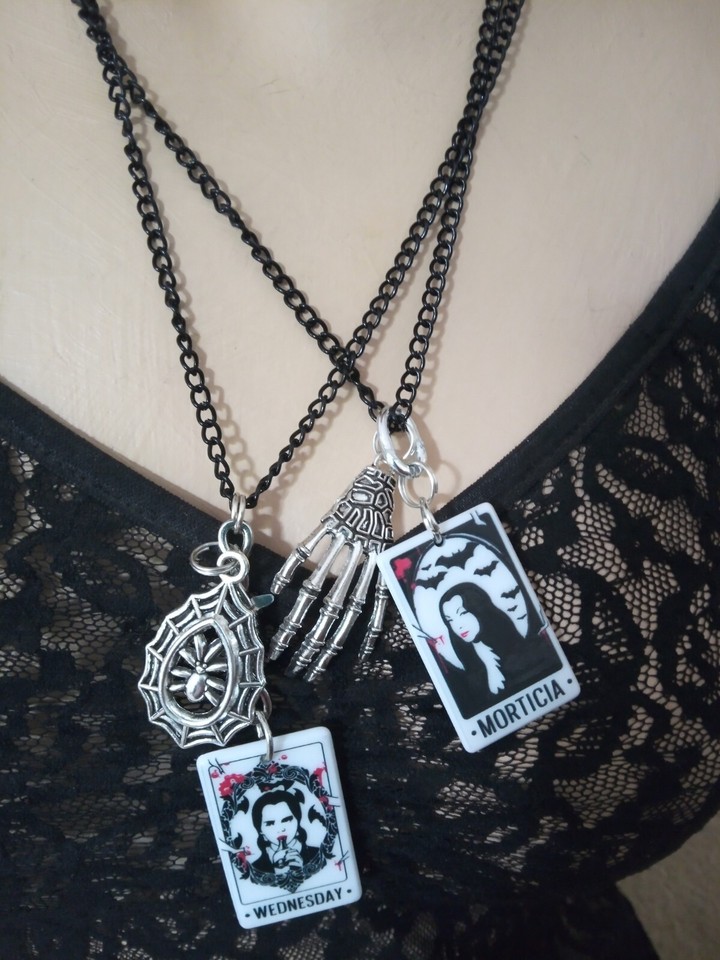 Unique *Wednesday Addams* skeleton hand charm black chain necklace ...