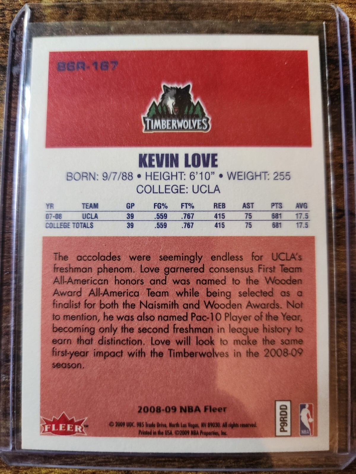 2008-09 Fleer Kevin Love 1986-87 Retro Rookie RC #86R-167 Minnesota ...