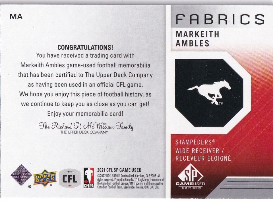 2021 Upper Deck CFL SP Game Used Markeith Ambles Patch | eBay