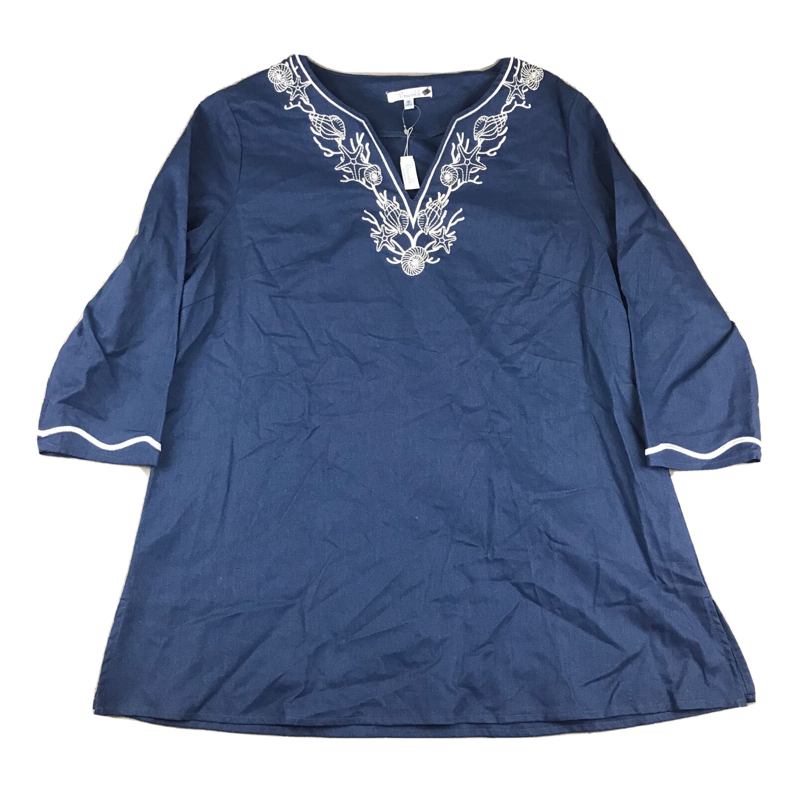 Periwinkle Top Womens Medium Blue Linen Blend Embroidered Neck Tunic ...