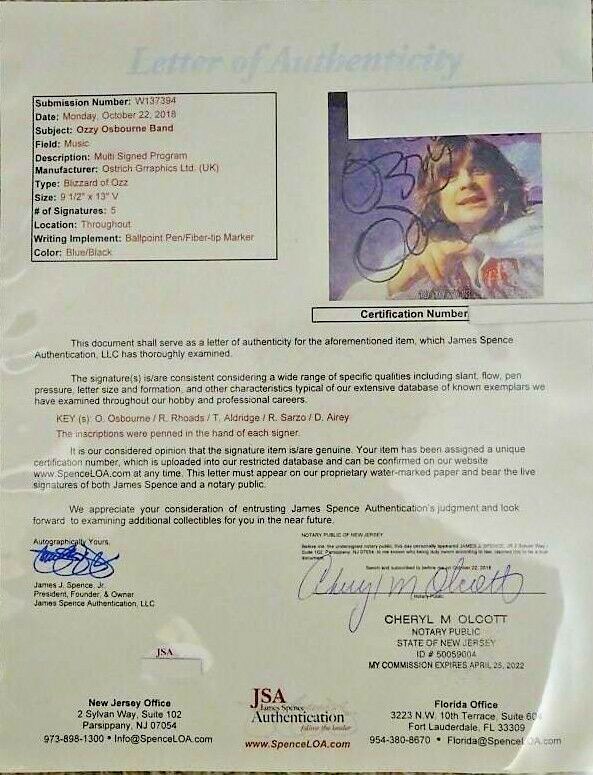 Randy Rhoads Autographed Blizzard of Ozz Program - PSA/DNA JSA ...