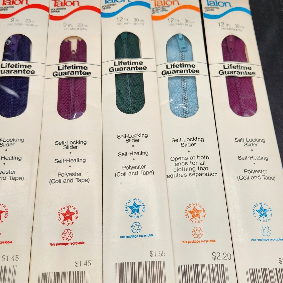 Talon Lot Of 8 Polyester Zippers 9 in. - 12 in. New Self-locking Self ...