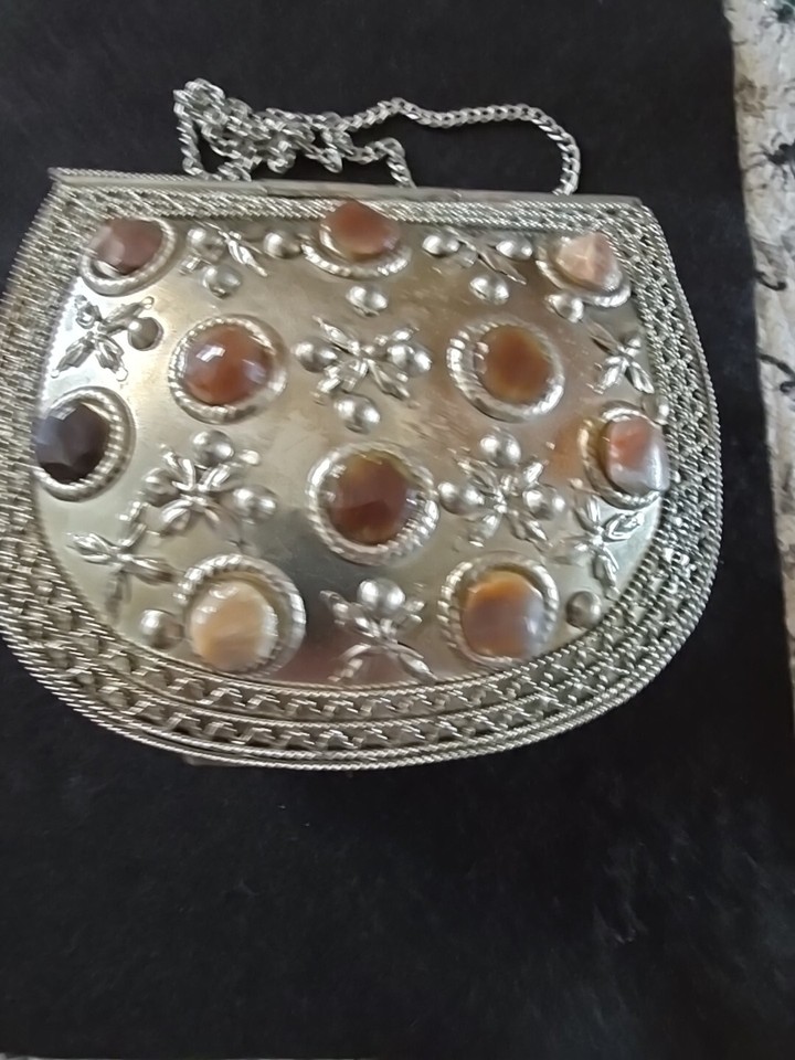 Sajai Metal Purse Handbag w/ Natural Agate Stones & Chain | eBay
