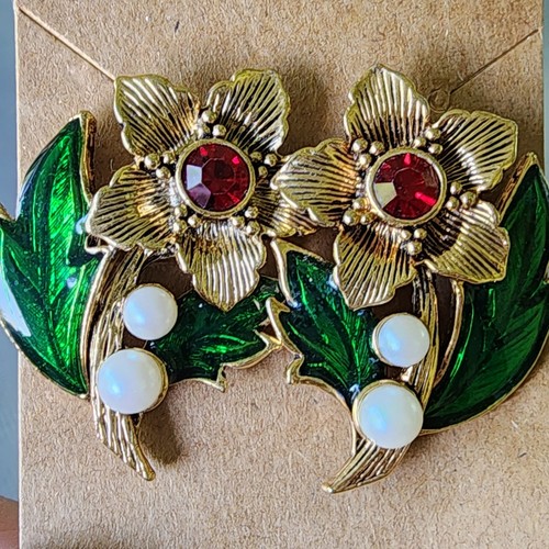 Avon Signed Earrings Gold Flowers w Red Crystal Faux Pearl Green Enamel ...