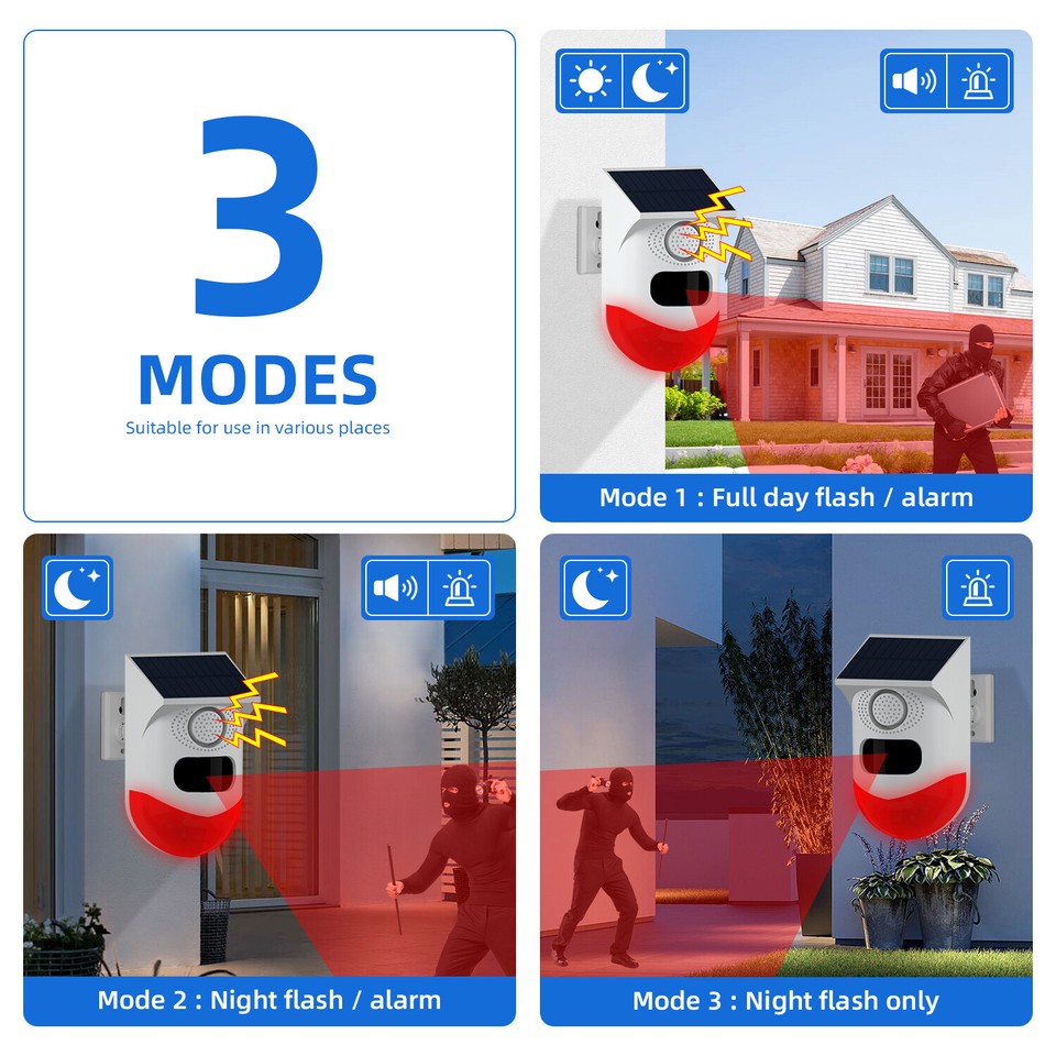 120dB Sound Solar Motion Sensor Alarm Wireless Infrared Motion ...