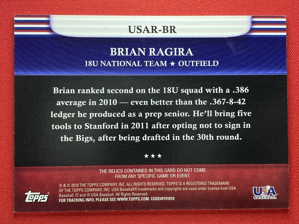 2010 Topps USA Baseball #USAR-BR Brian Ragira USA Triple Jersey | eBay
