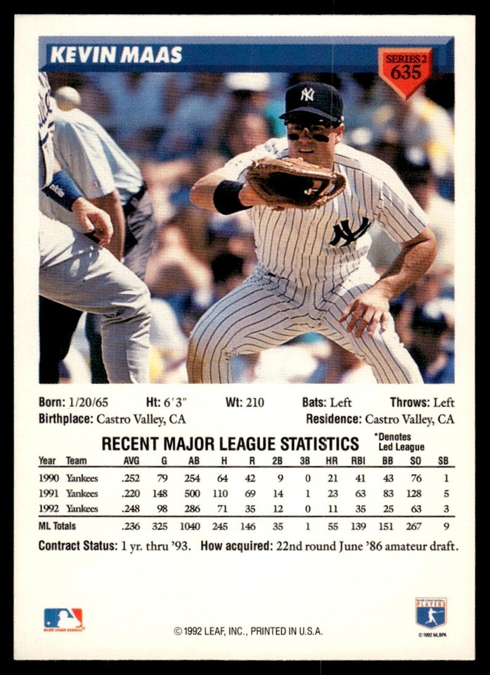 1993 Donruss Baseball Card Kevin Maas New York Yankees #635 | eBay