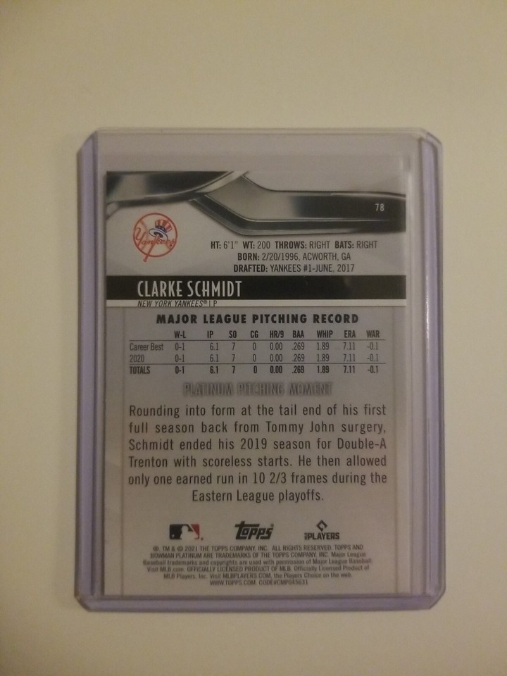 Clarke Schmidt Yankees Rookie Card 2021 Bowman Platinum #78 | eBay