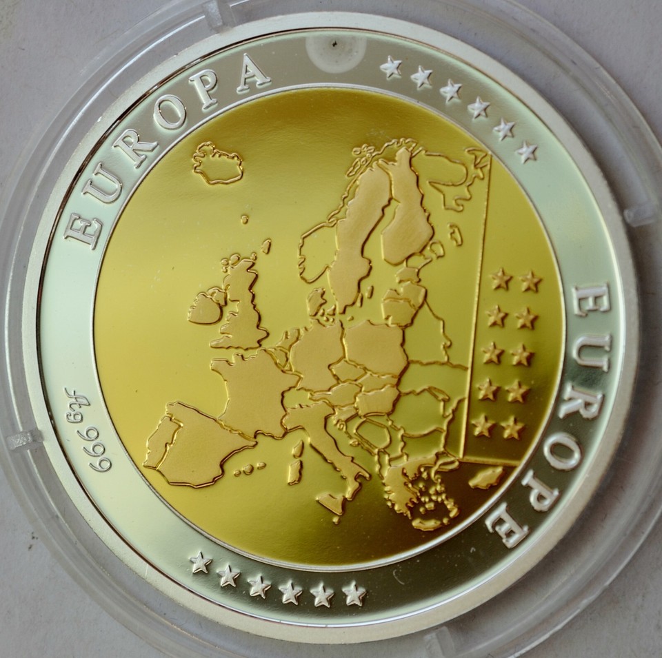 FRANCE, United Europe coin intro of Euro currency Ag 999 Silver Gold ...