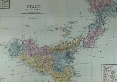 1891 ANTIQUE MAP ITALY SOUTH ~ LIPARI ISLES CALABRIA & SICILY MESSINA ...