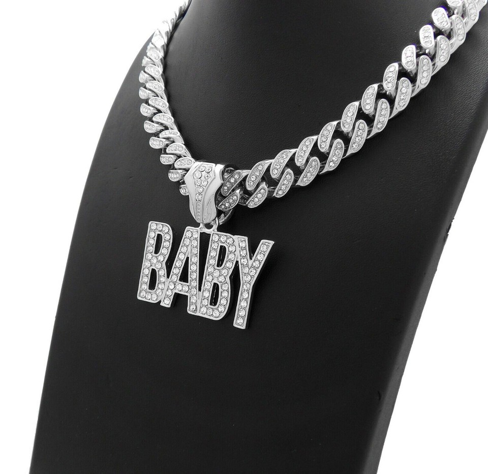Silver Plated Lil BABY pendant & Iced Simulated Diamond Cuban Chain ...