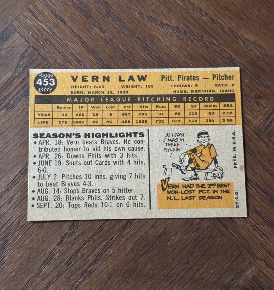 1960 Topps #453 - Vern Law - Pittsburgh Pirates - HIGH #! | eBay