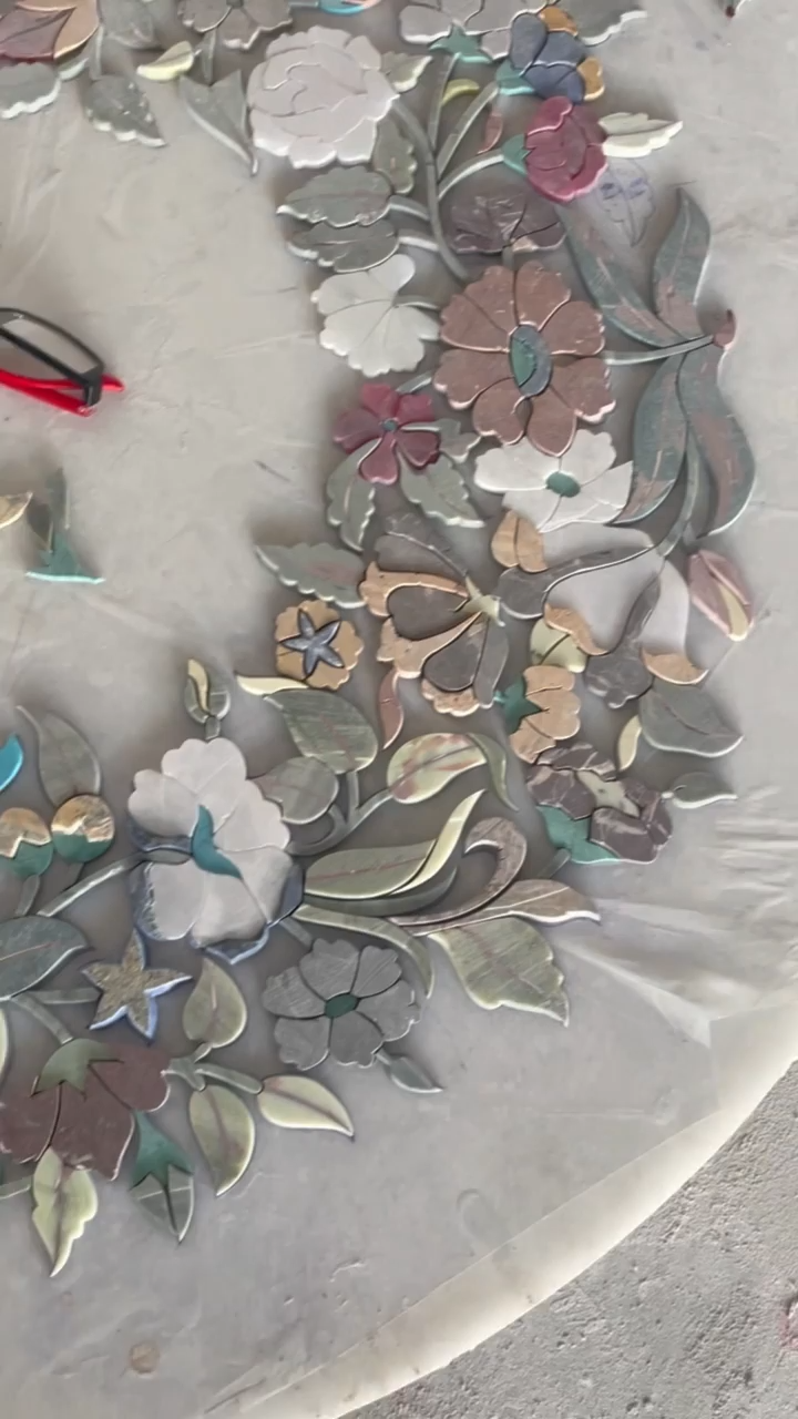 Black Marble Table with MOP Stone Inlay - Elegant Pietra Dura Art Décor ...