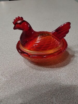 RARE Vintage Red Glass Hen On Nest Salt Cellar Large Chicken | eBay