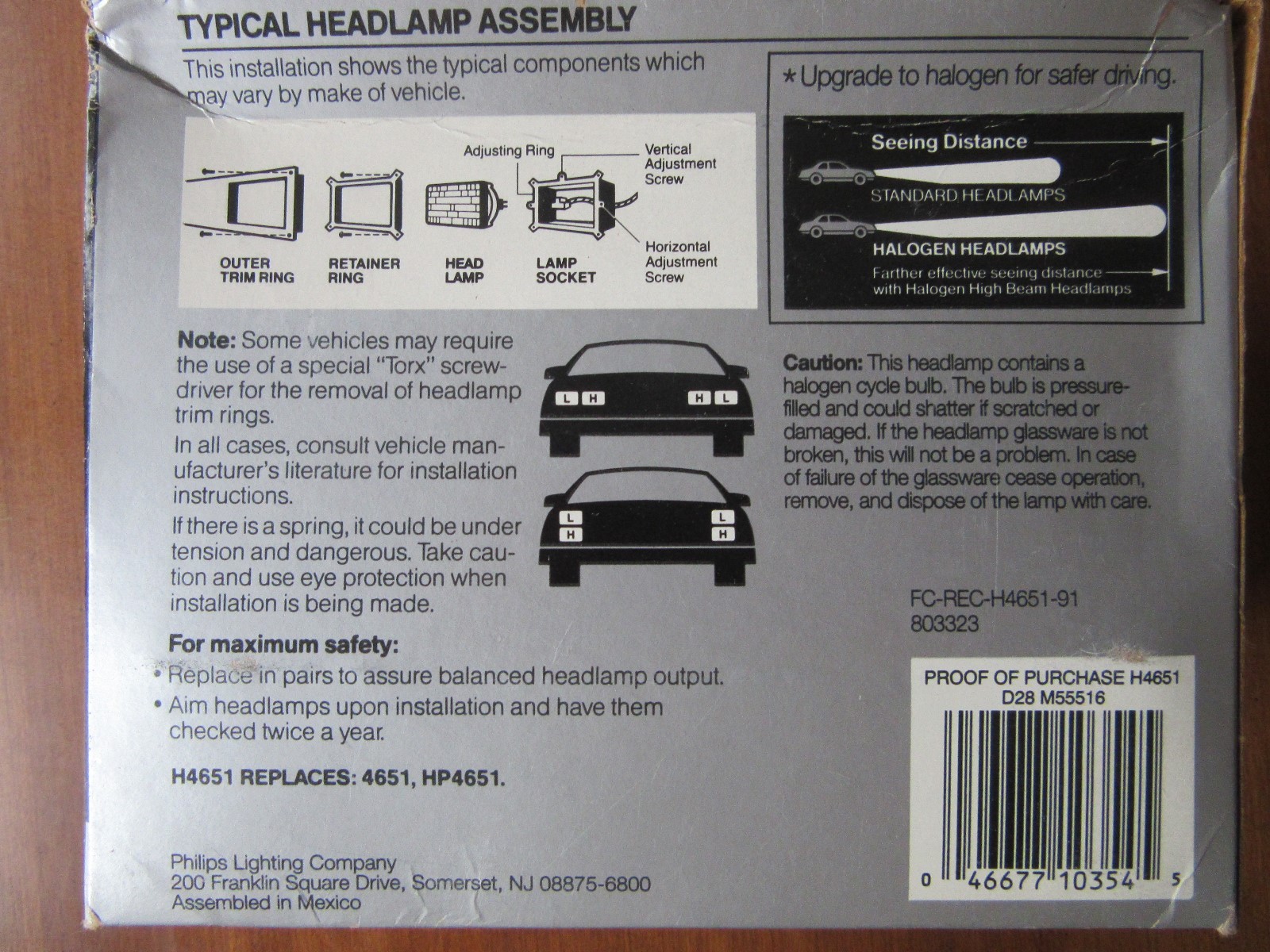 PHILIPS HALOGEN H4651 HEADLIGHT HIGH BEAM~REPLACES 4651,HP4651~2 LUGS ...