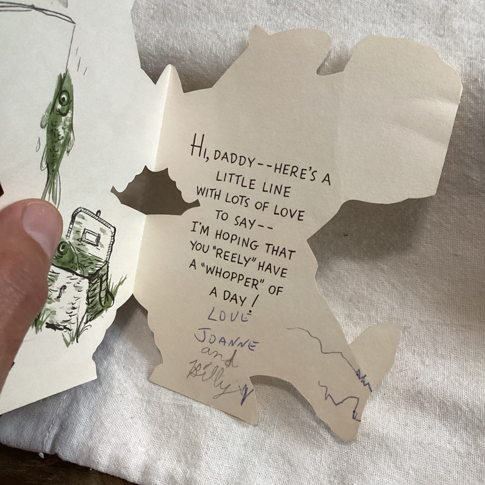 Vintage hallmark Father’s Day greeting card fishing theme rabbit can of ...