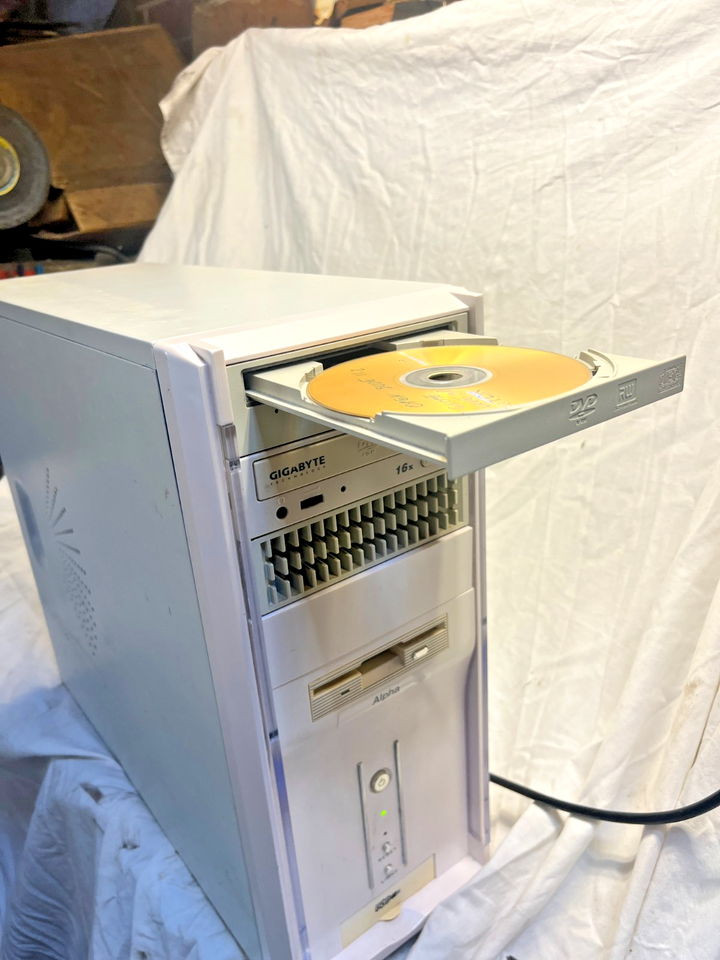 VINTAGE ALPHA DESKTOP COMPUTER TOWER -LIGHTS UP-FAN WORKING-DOORS OPEN ...
