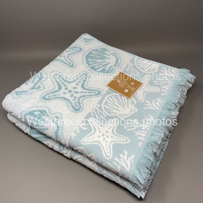 2pc Set Deborah Connolly Starfish Seashells BATH Towels Beach ~ Aqua | eBay