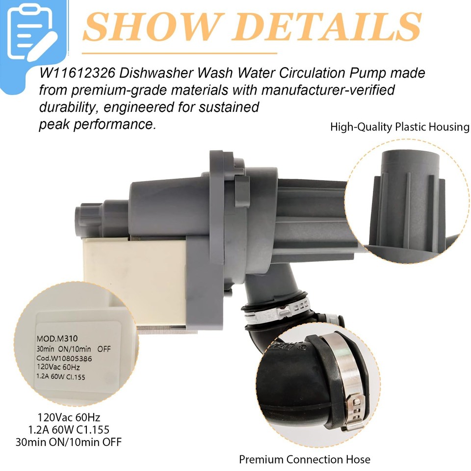 W11612326 W11521435 Dishwasher Circulation Pump Replacement Parts, Fit ...