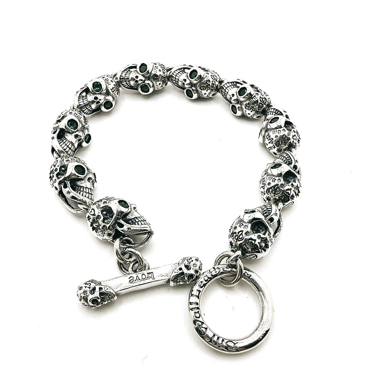 Biker Punk Rocker Chain 8.5" Green Eye Skull 925 Sterling Silver ...