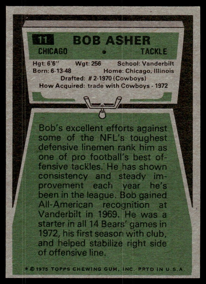 1975 Topps Bob Asher #11 Chicago Bears K1 | eBay