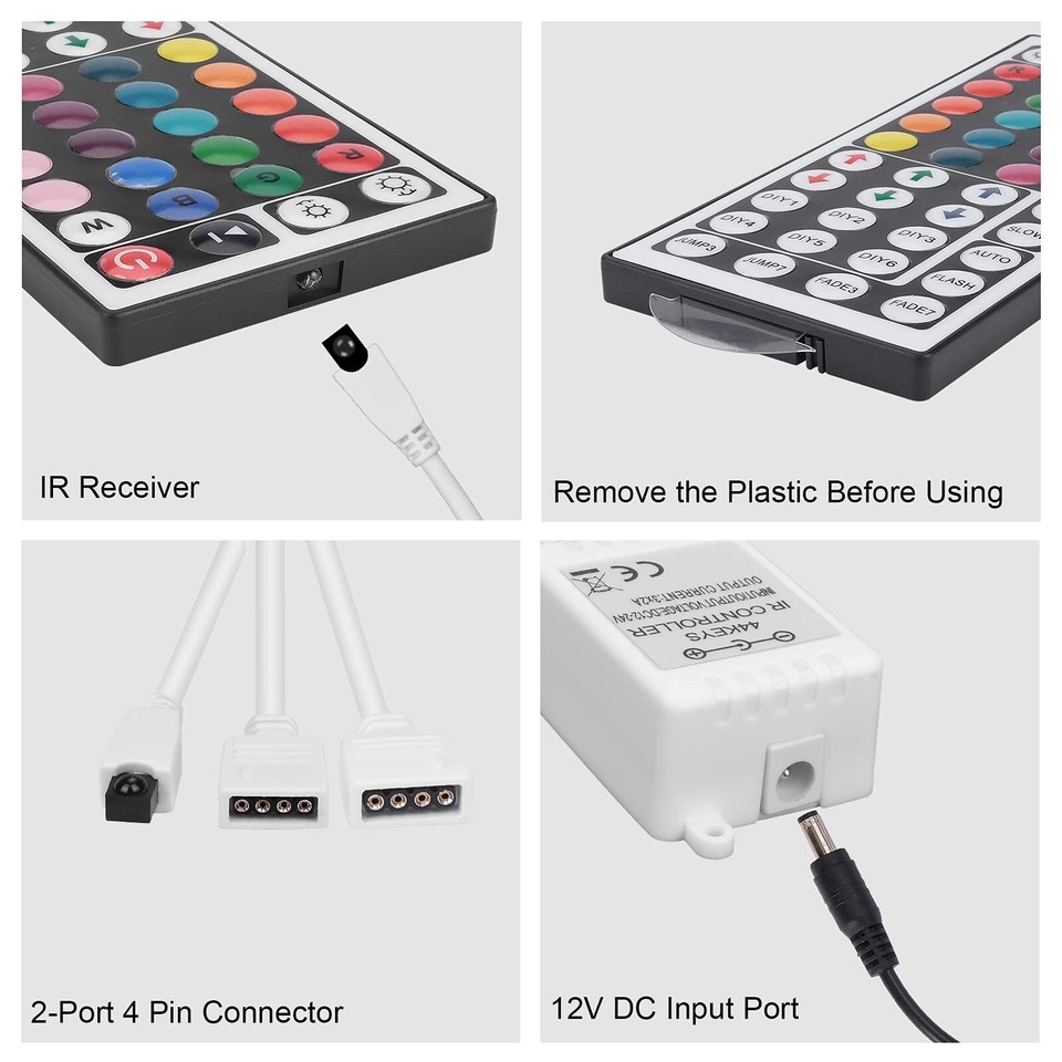 2-Port 44 Key IR LED Light Remote,RGB Control Box+ DC 12V 3A LED Power ...