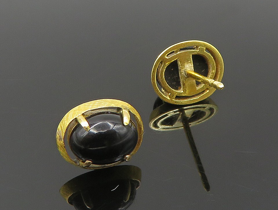 14K GOLD Vintage Cabochon Cut Black Onyx Oval Solid Stud Earrings GE149 ...