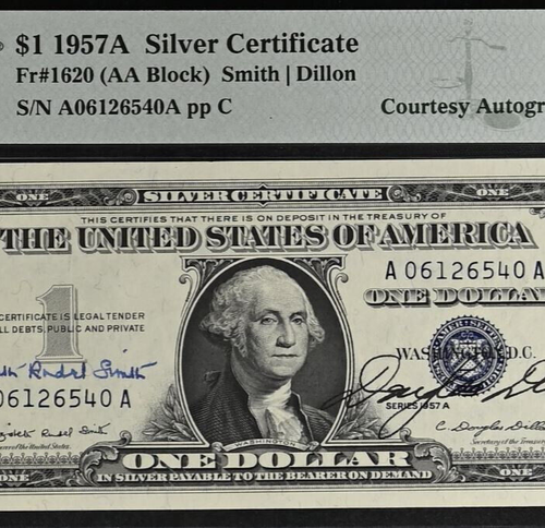 1957A $1 Silver Certificate - PMG 66EPQ - Dual Autograph - Smith / Dillon | eBay