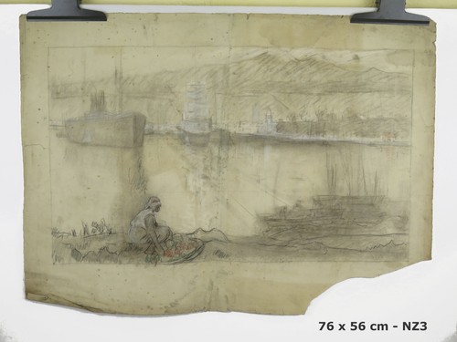 Ancient Drawing View of the Harbor with Boats and Characters Pencil on ...
