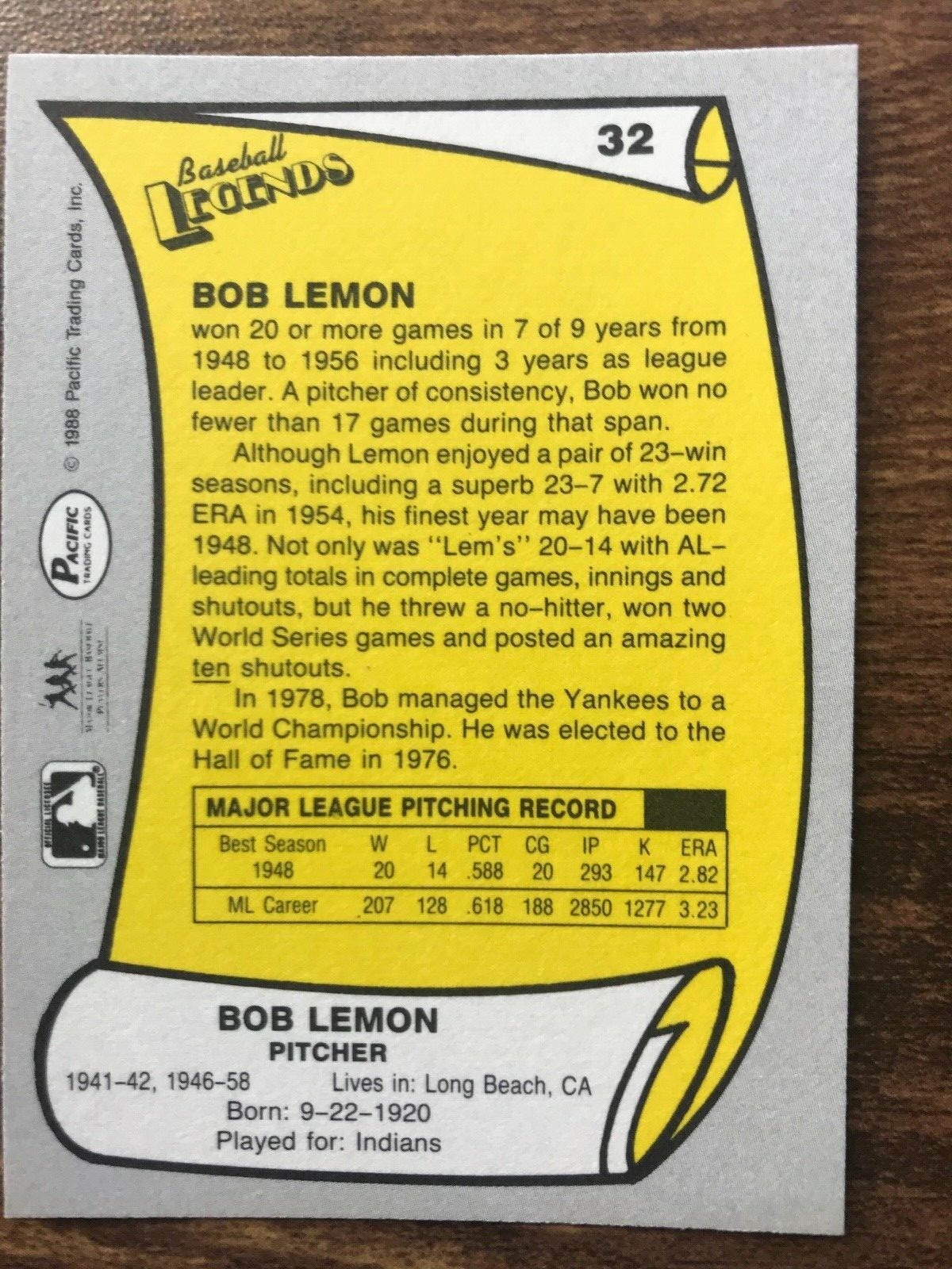 1988 Pacific Legends Baseball Card #32 Bob Lemon Cleveland Indians NM ...
