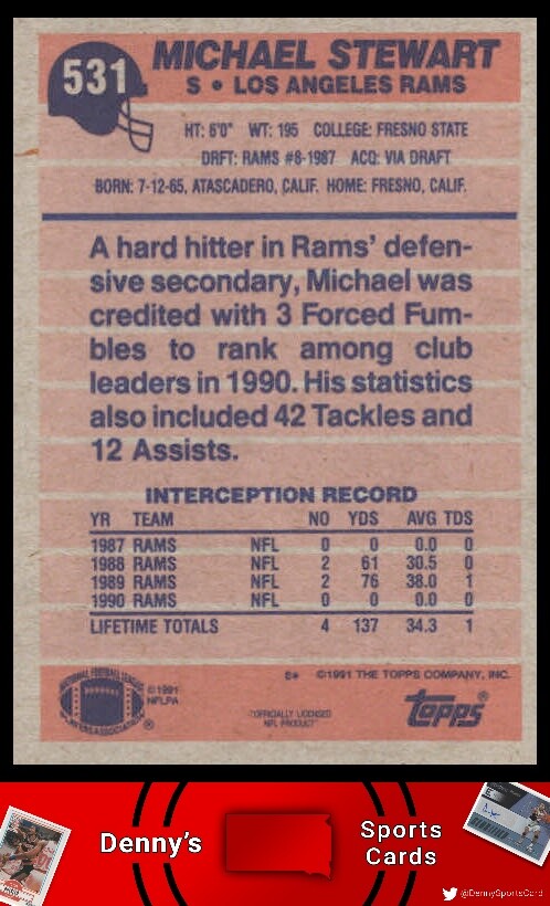 1991 Topps #531 Michael Stewart Los Angeles Rams Football Card | eBay