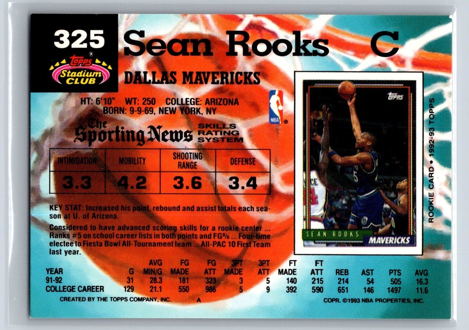 1992-93 Topps Stadium Club Sean Rooks Rookie Dallas Mavericks RC #325 ...