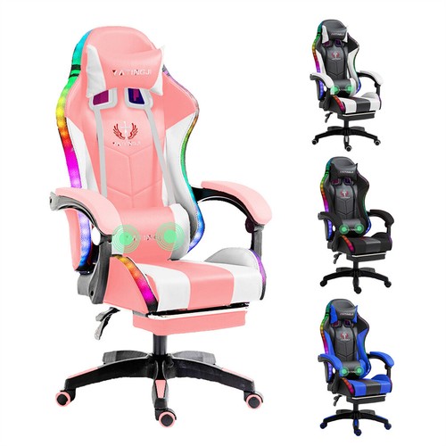 Pink Gaming Chairs RGB LED Massage Racing Recliner Leather Office Chair ...