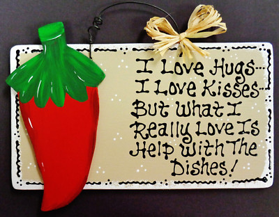 RED CHILI PEPPER SIGN Hugs~Kisses~Dishes KITCHEN Southwest Wall Art ...