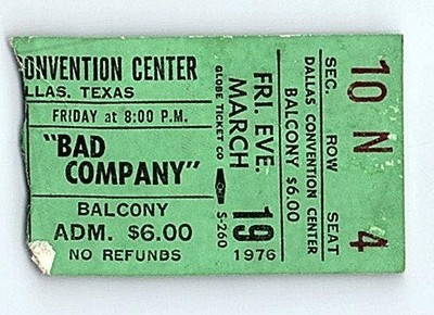 Bad Company Concert Ticket Stub March 19 1976 Dallas Texas | eBay Australia