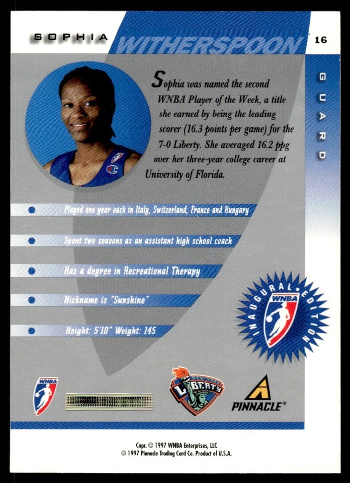 1997-98 Pinnacle Inside WNBA Sophia Witherspoon RC New York Liberty #16 ...