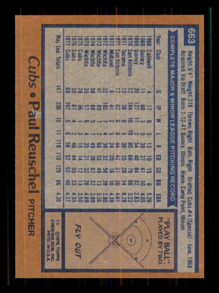 1978 Baseball Topps Paul Reuschel Chicago Cubs #663 | eBay