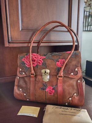 Patricia Nash Rose Flower Appliqué Satchel Shoulder Bag Cognac Brown ...