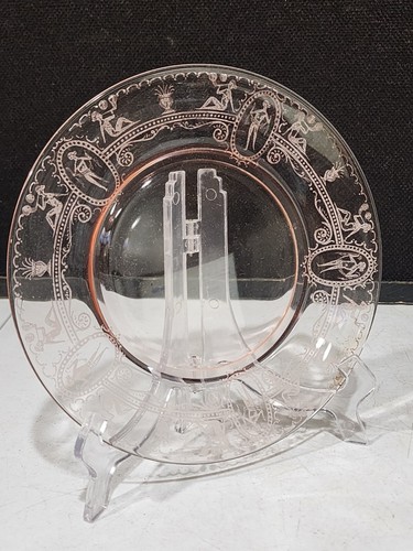 1- FRY30 Fry Pink Dancing Sunbathing Lady Depression Glass 8.5" Plate ...