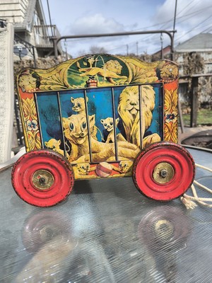 Vintage 1950’s Gong Bell Mfg Co Wooden Pull Toy Circus Wagon And Horses ...