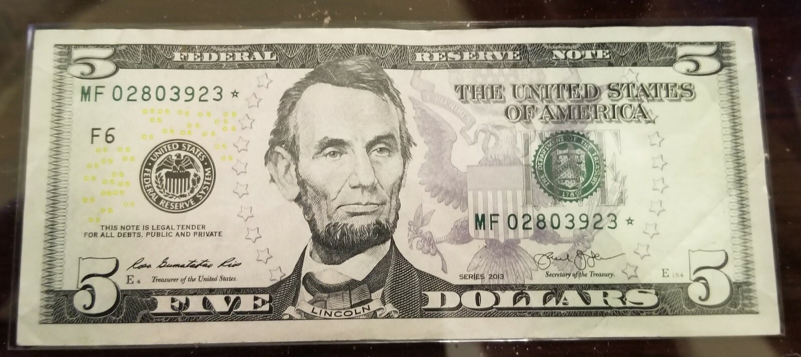 2013 (F) $5 Five Dollar Bill Federal Reserve Note Atlanta Star Note ...