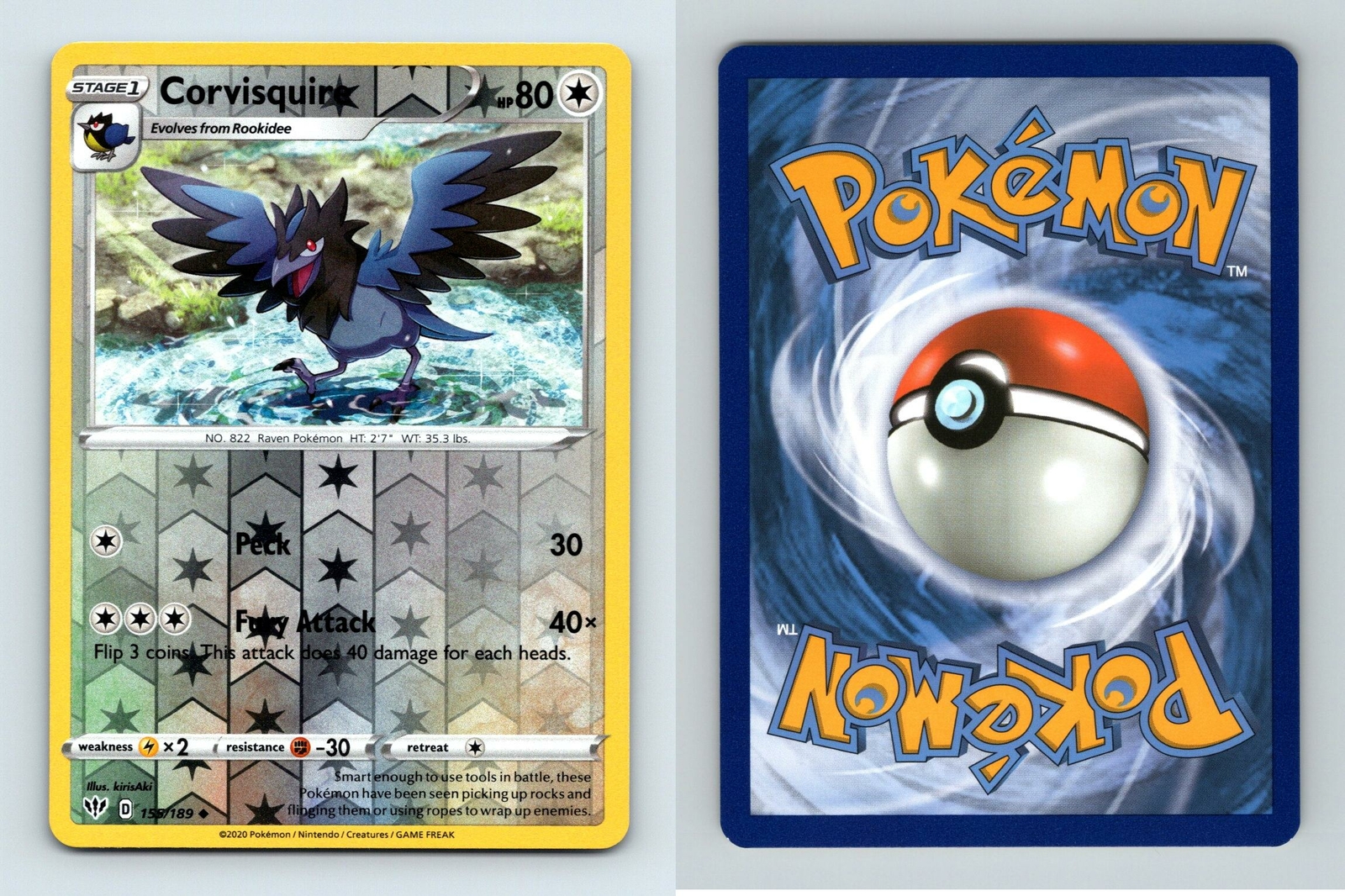 Corvisquire #155 SWSH Darkness Ablaze Reverse Holo Uncommon Pokemon TCG ...